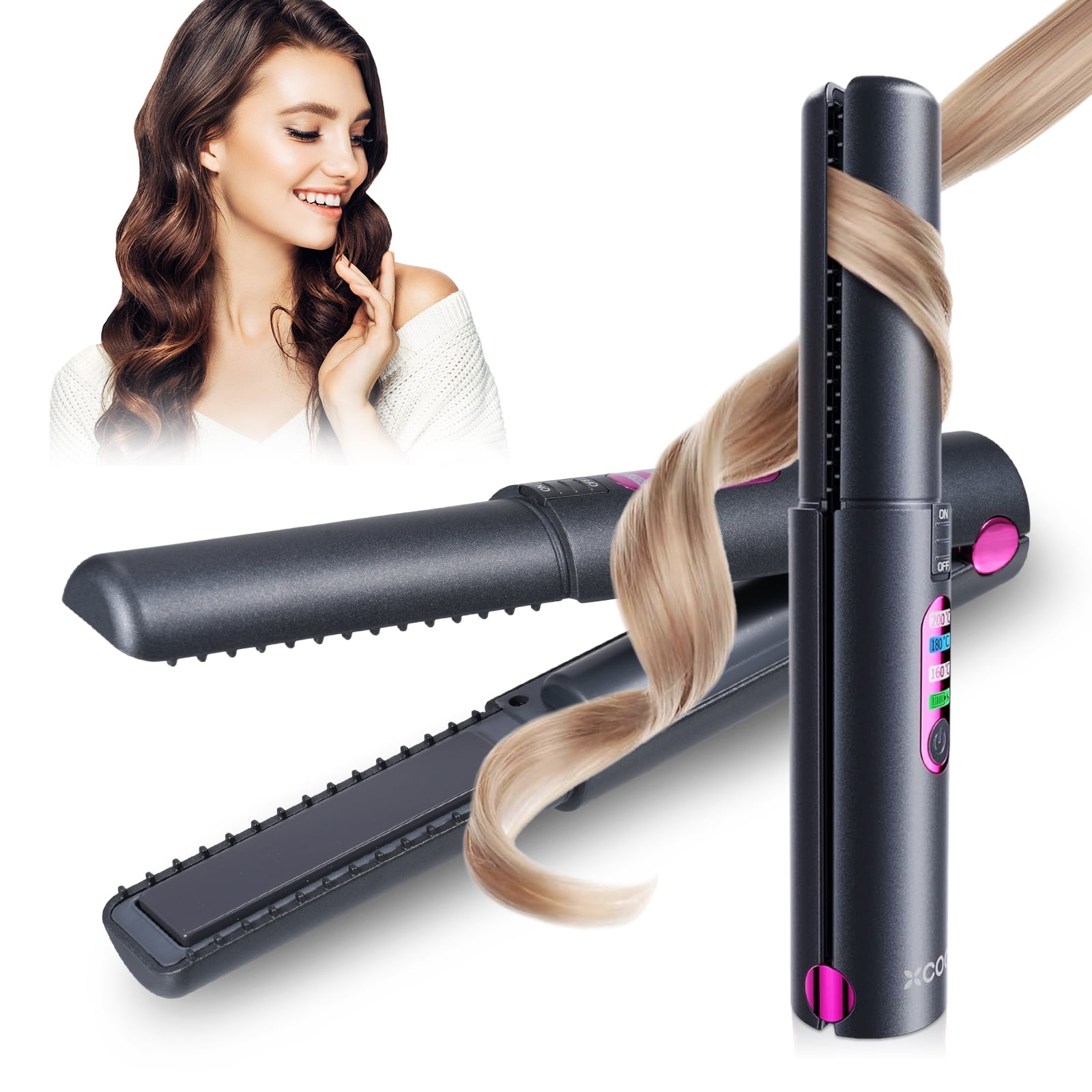 Eccomum Cordless Hair Straighteners Curler 2 in 1, Mini Portable Travel Wireless 3-Level Flat ...
