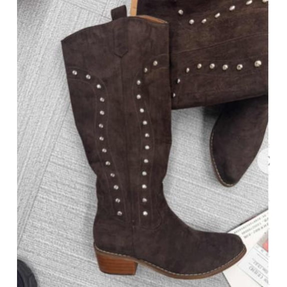 Ecetana Cowboy Boots for Women Western Booties Wide Calf Rivet Chunky ...