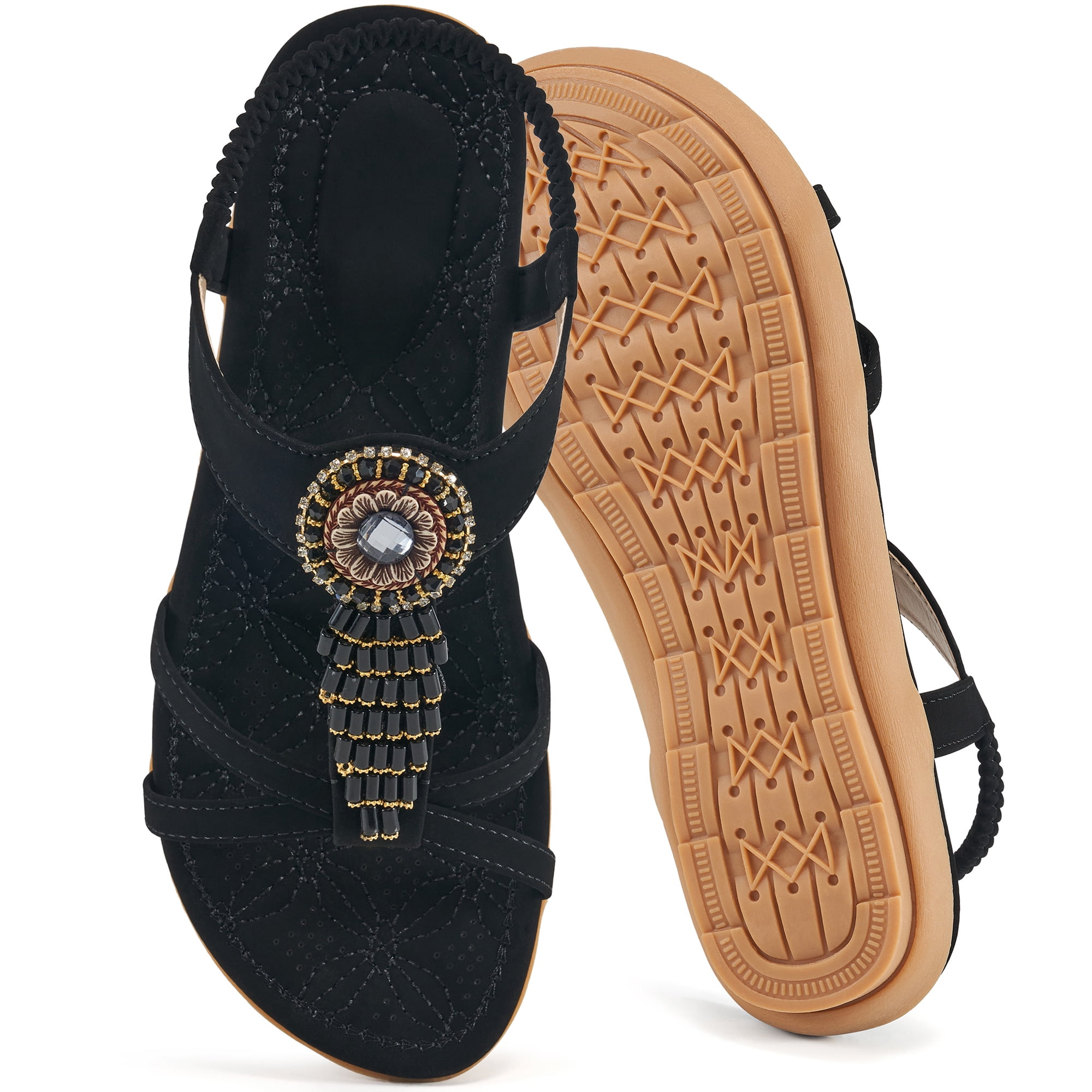 Ecetana Flat Sandals for Women Dressy Bohemian Sandals Comfort Elastic ...