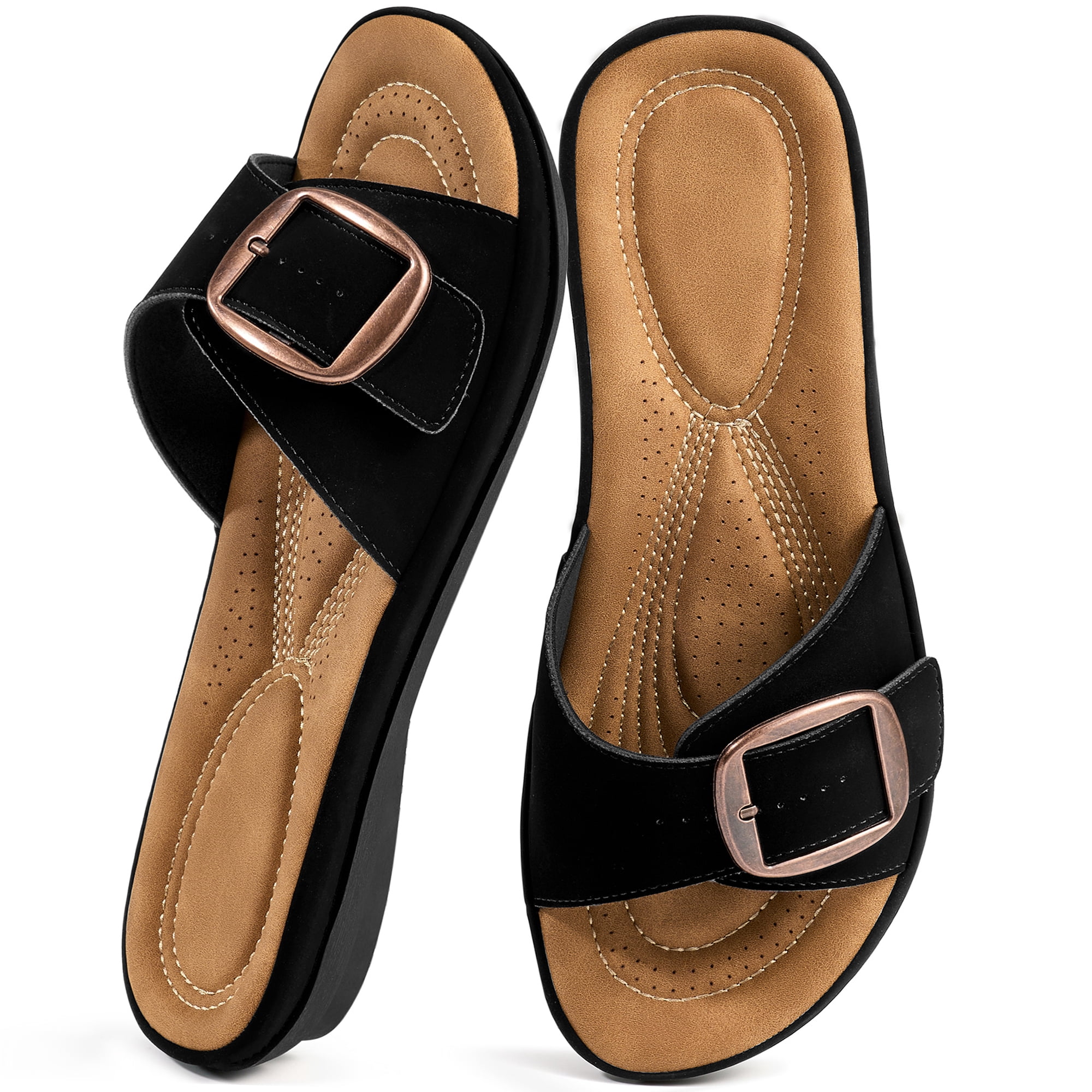Ecetana Flat Sandals for Women Slip On Leather Slide Sandals Open Toe ...