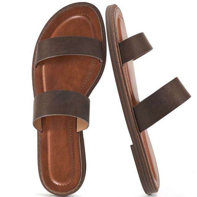 Ecetana Flats Sandals for Women Slip On Leather Slide Sandals Comfort ...