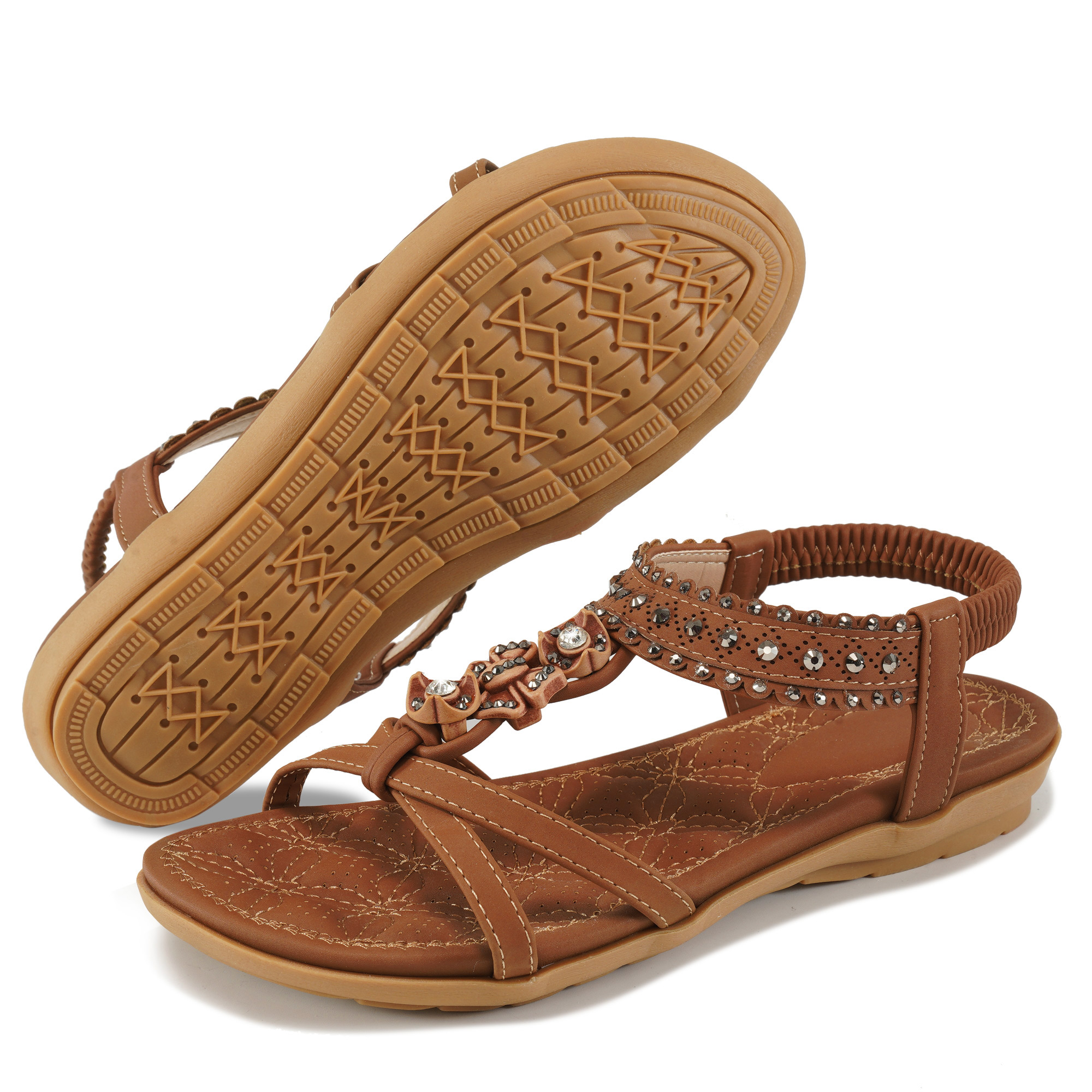 Ecetana Women Sandals Flats Sandals for Women Comfortable Elastic Ankle ...