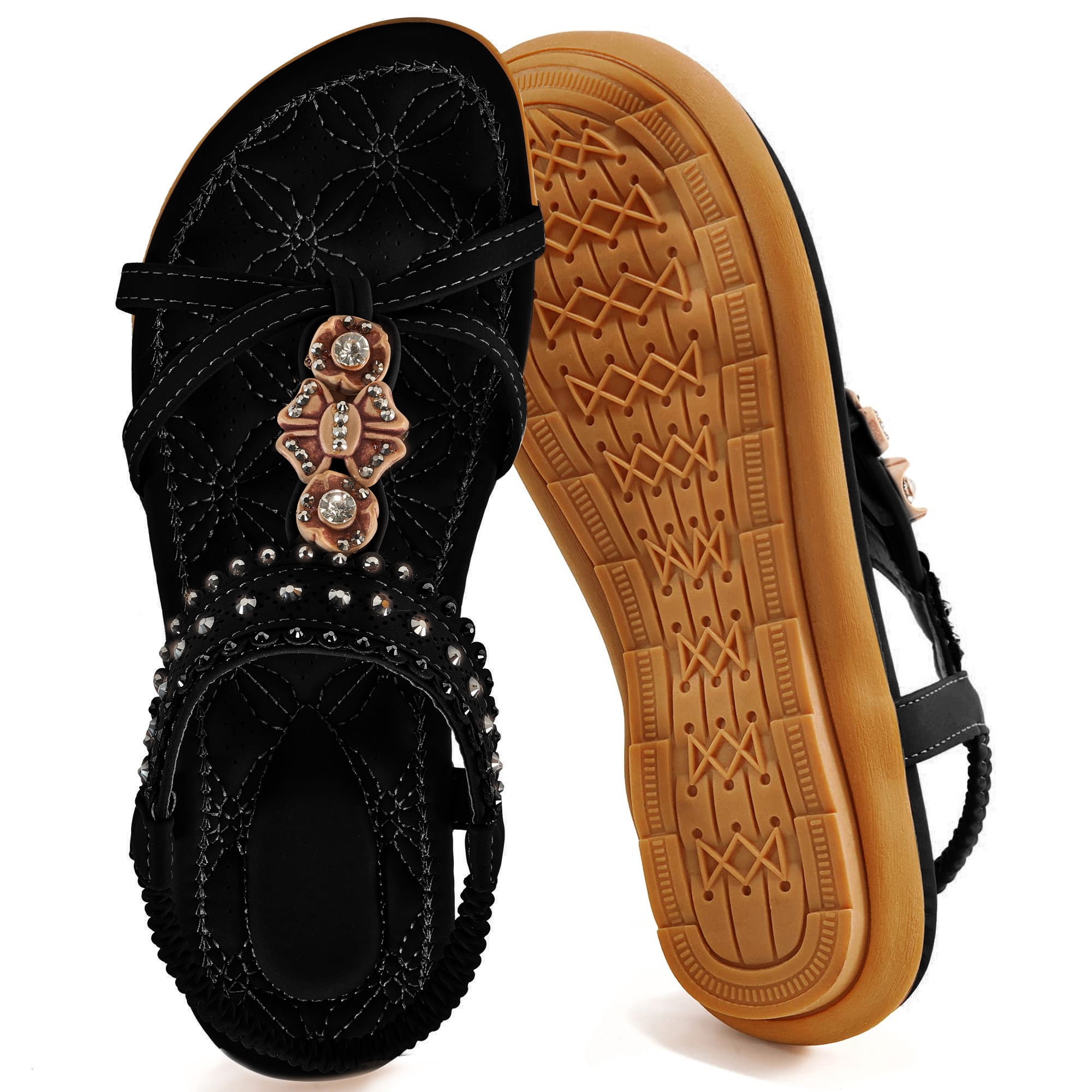 Ecetana Women Sandals Flats, Elastic Ankle Strap, Size S, Black/Brown ...