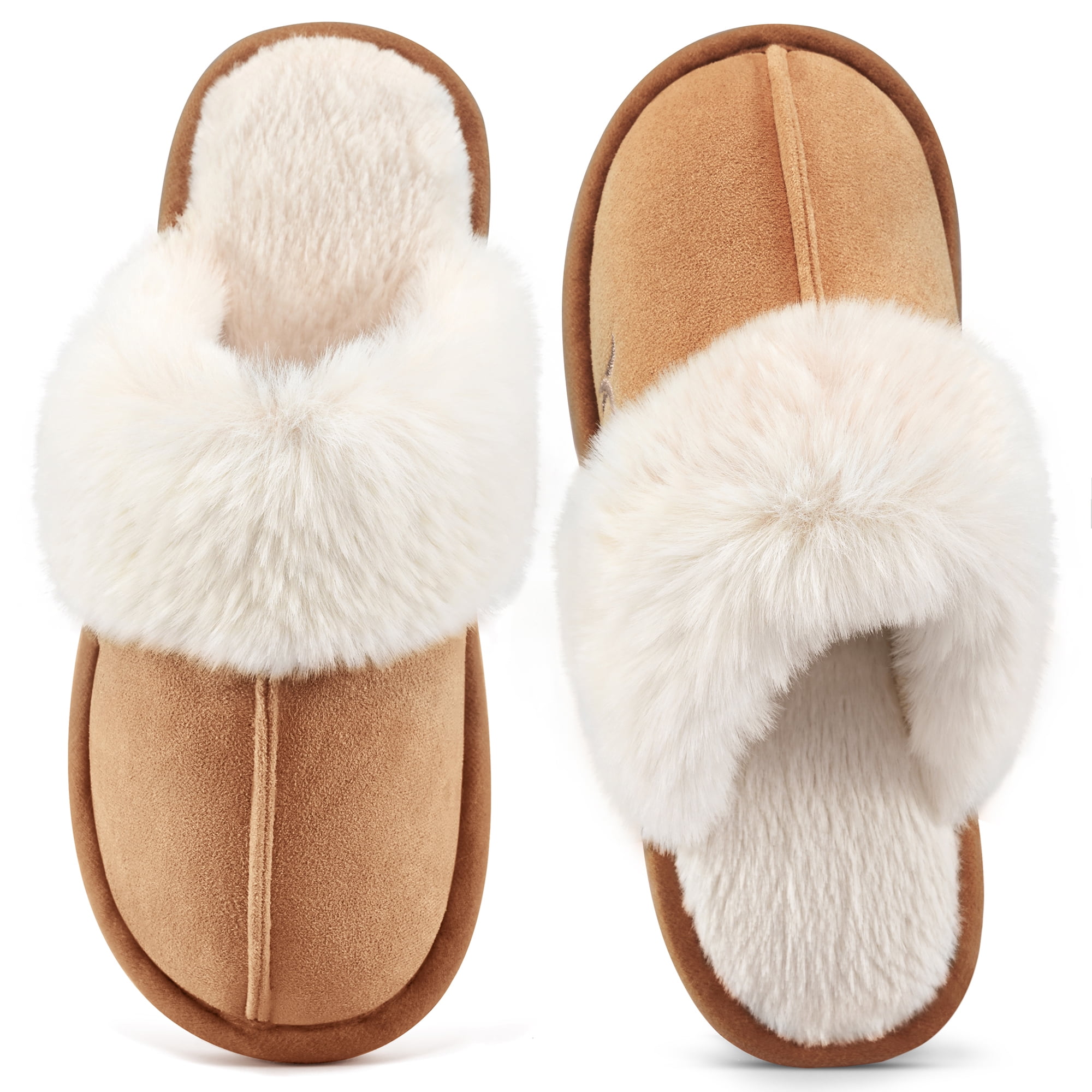 Ecetana Women's Comfy Faux Fur Slippers Memory Foam Slip-on House Shoes ...