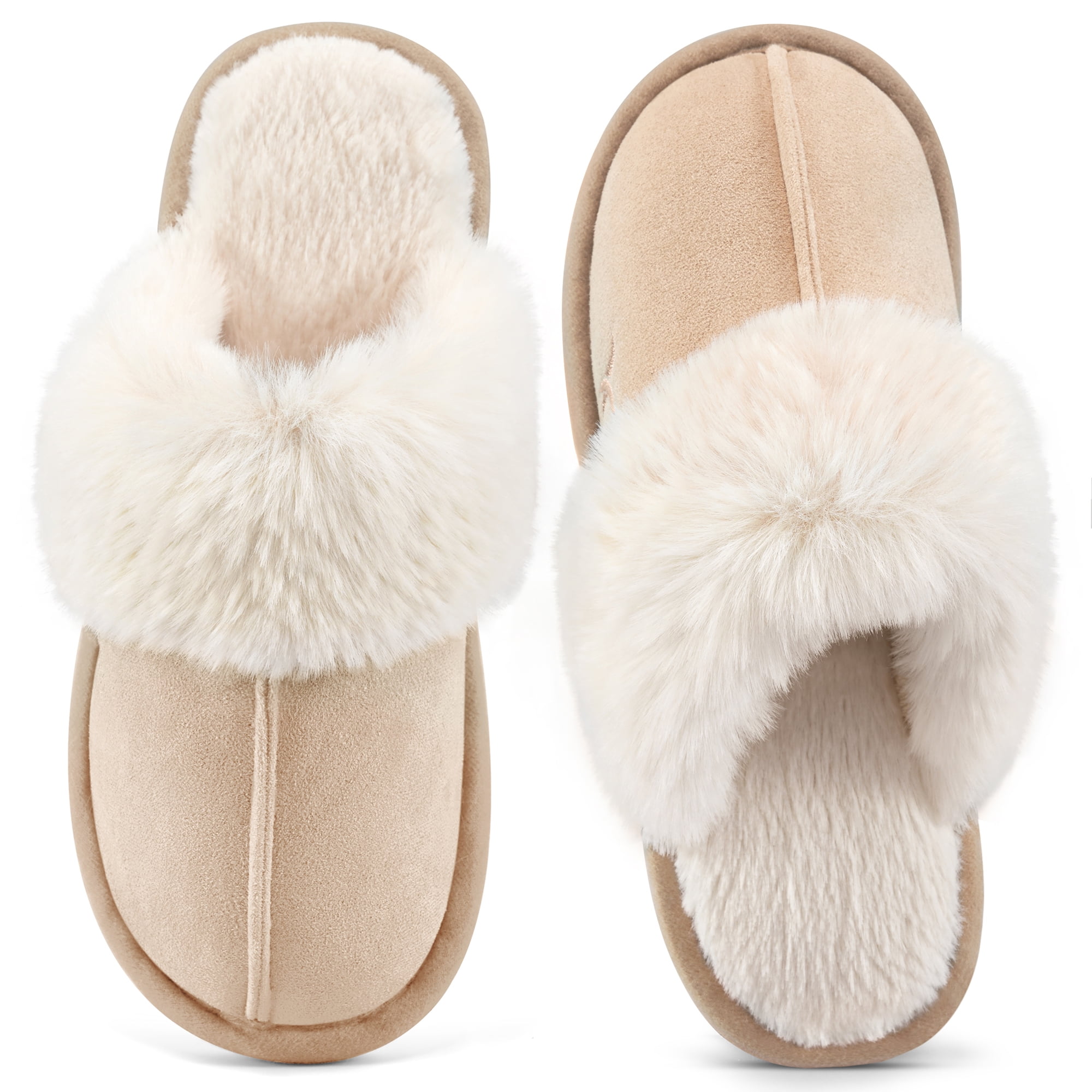 Ecetana Women's Comfy Faux Fur Slippers, Memory Foam House Shoes, Furry ...