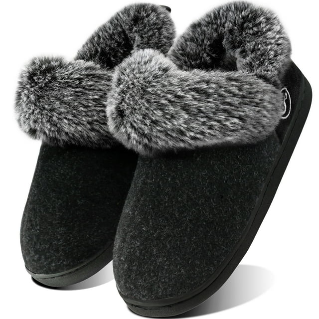 Ecetana Women's Fuzzy Memory Foam Closed Back Slippers Faux Fur Lined ...