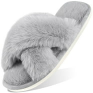 LORDFON Womens Open Toe Cross Band Fuzzy Slippers, Plush Faux Fur, Memory Foam, Non-Slip Outsole ...