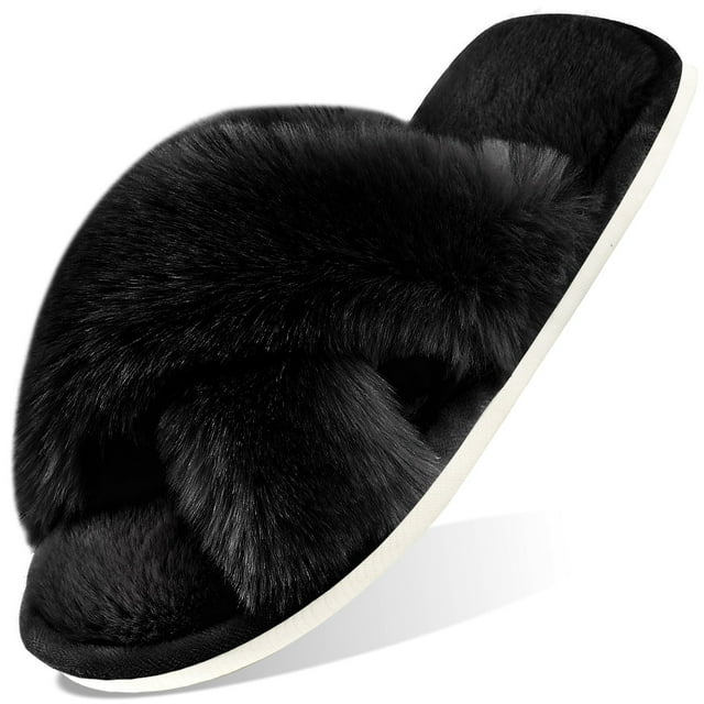 Ecetana Women's Fuzzy Slippers Cross Band Memory Foam House Shoes Open Toe - Walmart.com
