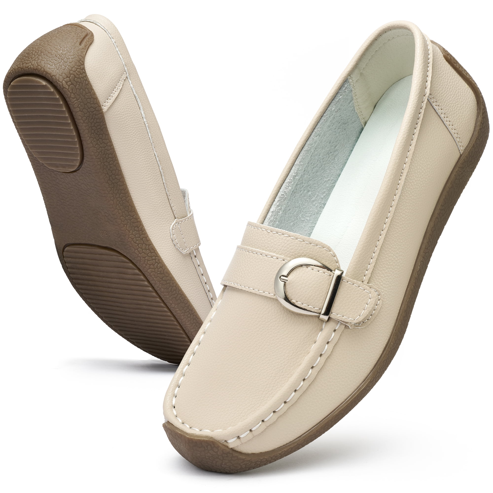 Ecetana Women's Leather Loafers Classic Slip-On Dress Flats Comfort ...