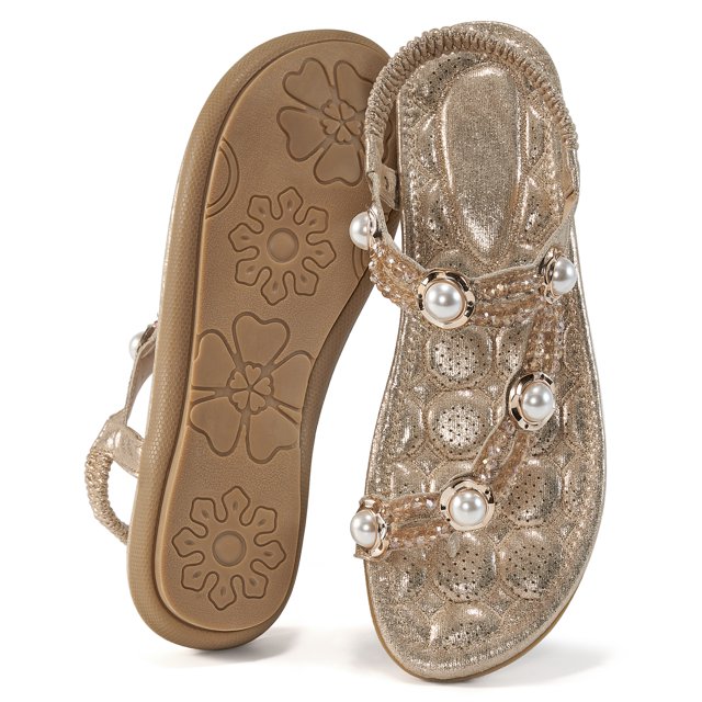 Ecetana Womens Flat Sandals Rhinestone Pearl Beach Sandals Clip Toe ...