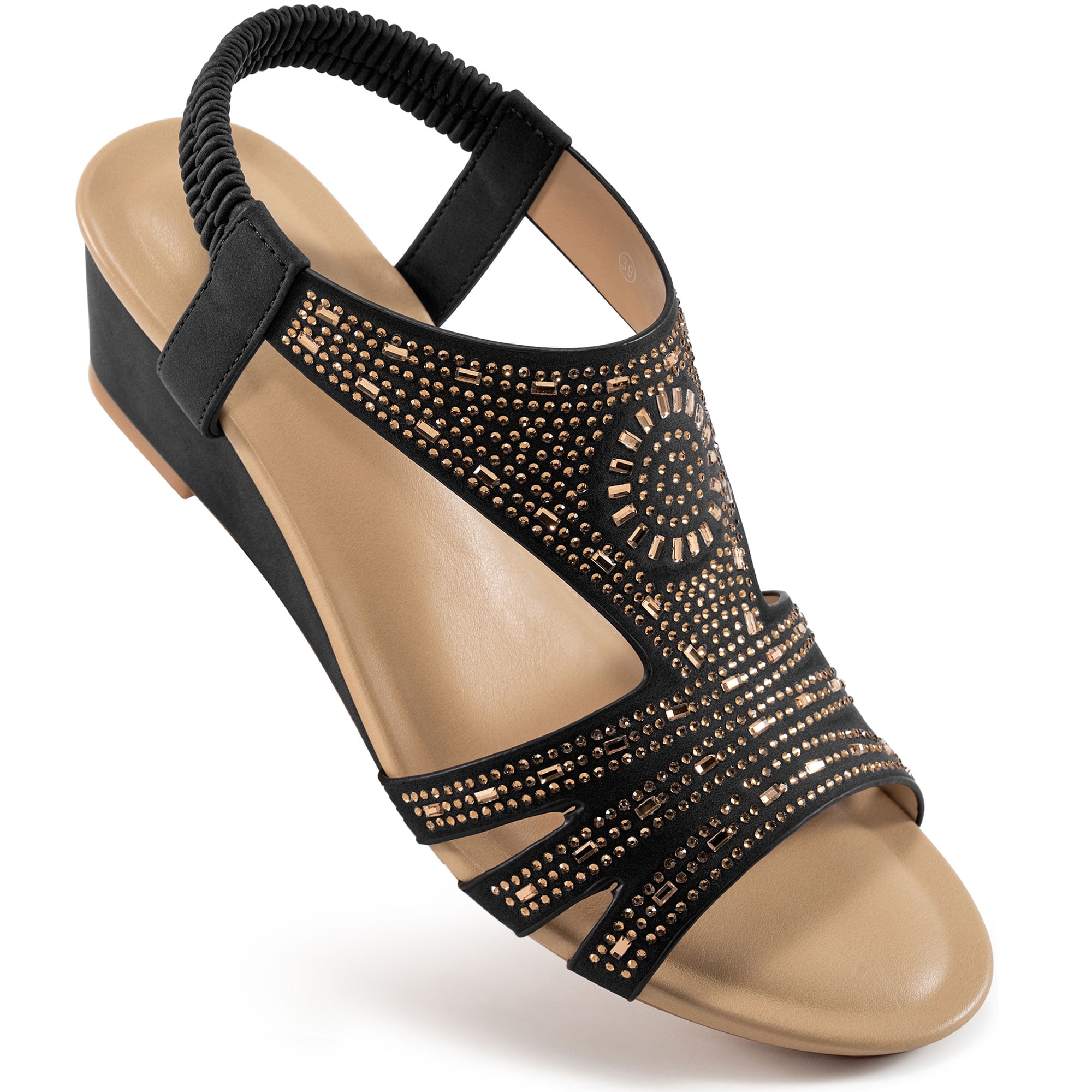 Ecetana Womens Wedge Sandals Open Toe Wedges Elastic Ankle Strap ...