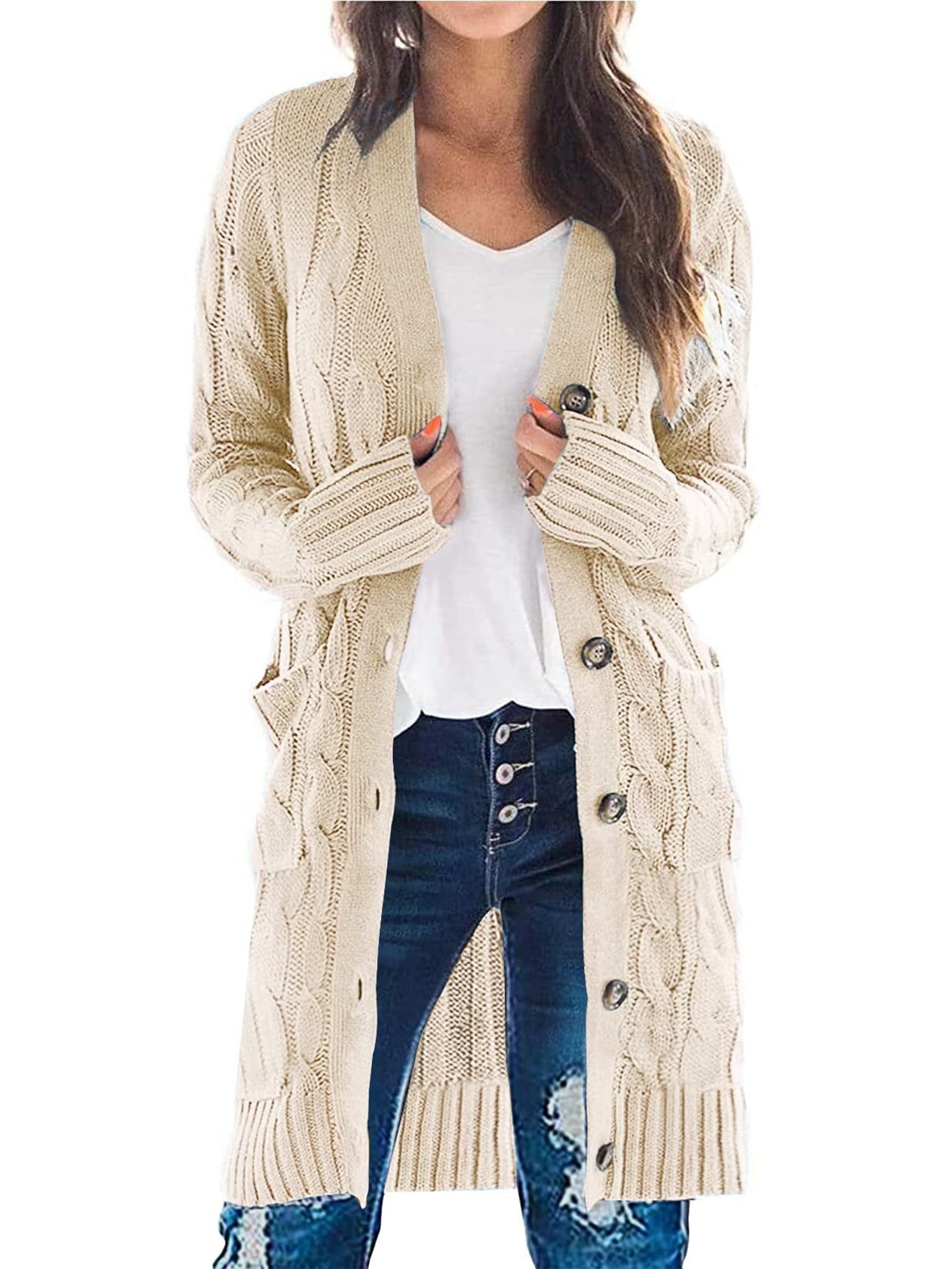 Women's Long Sleeve Cable Knit Cardigan - Open Front Button-up with ...