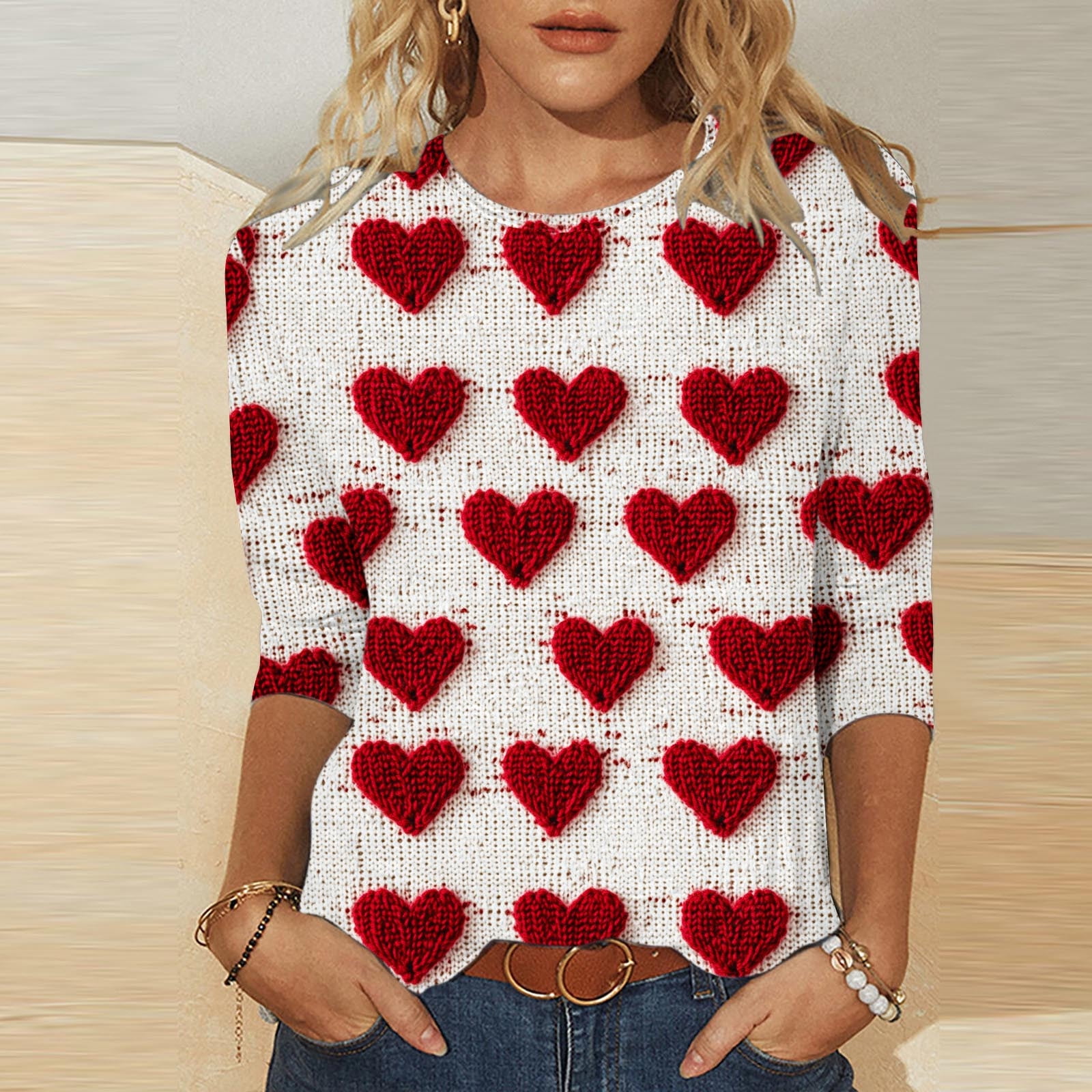 EchfiProm 3/4 Sleeve Tops for Women Holiday Valentine Tee 2025 Y2k Crewneck Casual Tshirt L ...