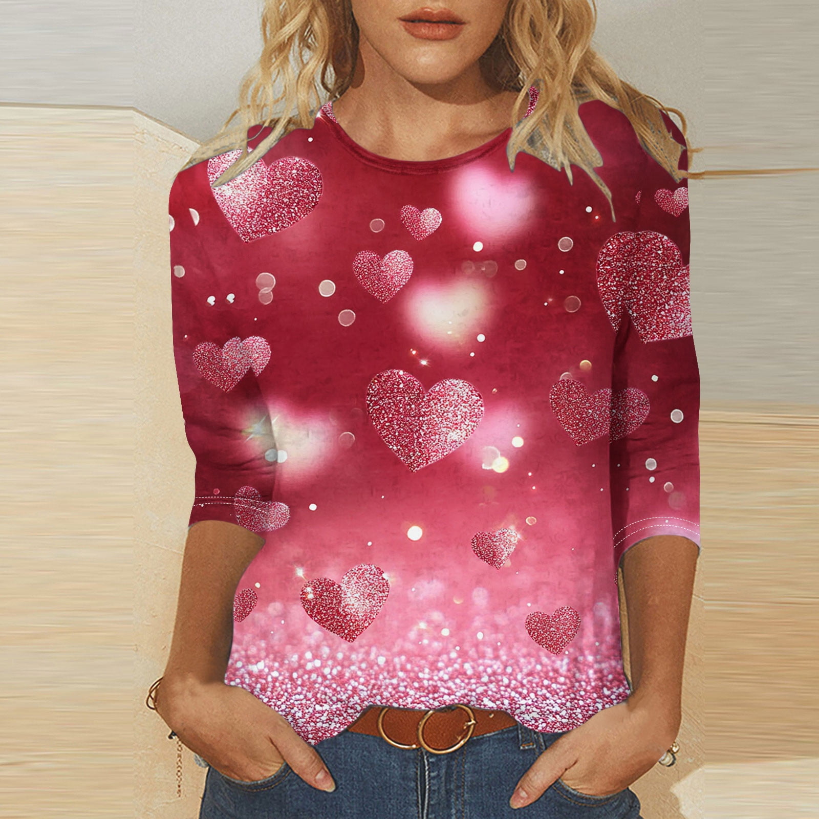 EchfiProm Basic Shirts for Women 3/4 Sleeve Valentine Tshirt Fashion Crewneck Casual 2025 Blouse ...