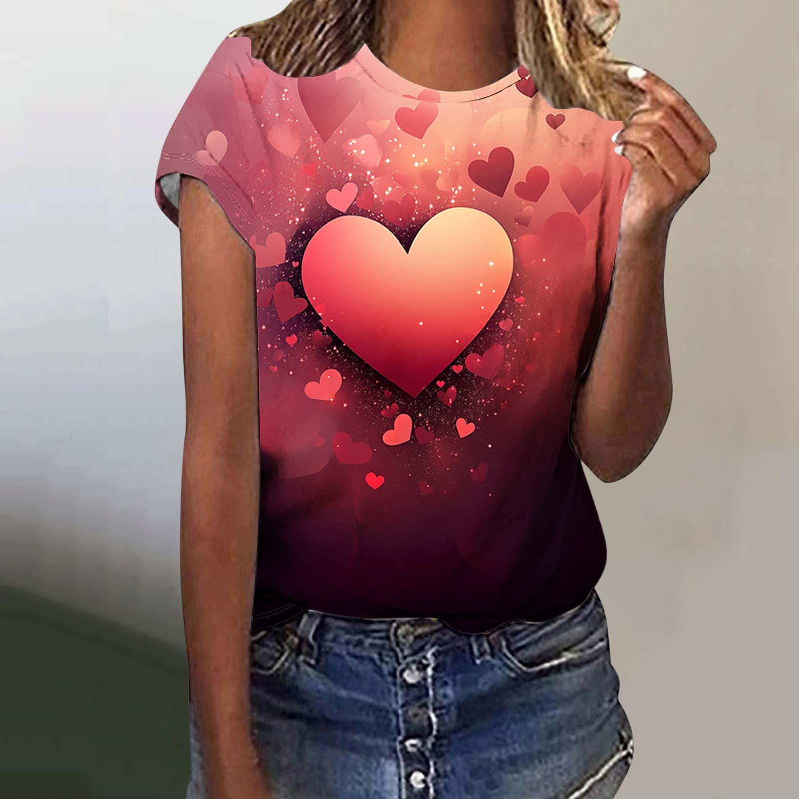 EchfiProm Basic Tops for Womens Valentine's Day Summer T-shirt Short Sleeve Crew Neck Heart ...