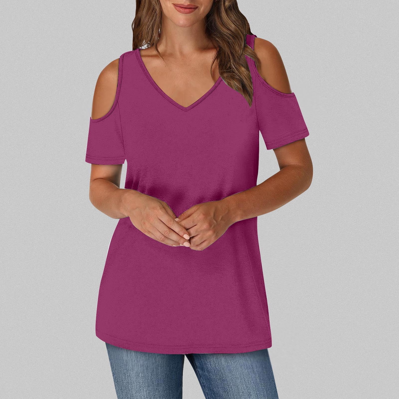 EchfiProm Casual Tops for Women Hot Pink Tunic V Neck 2025 Solid Off ...