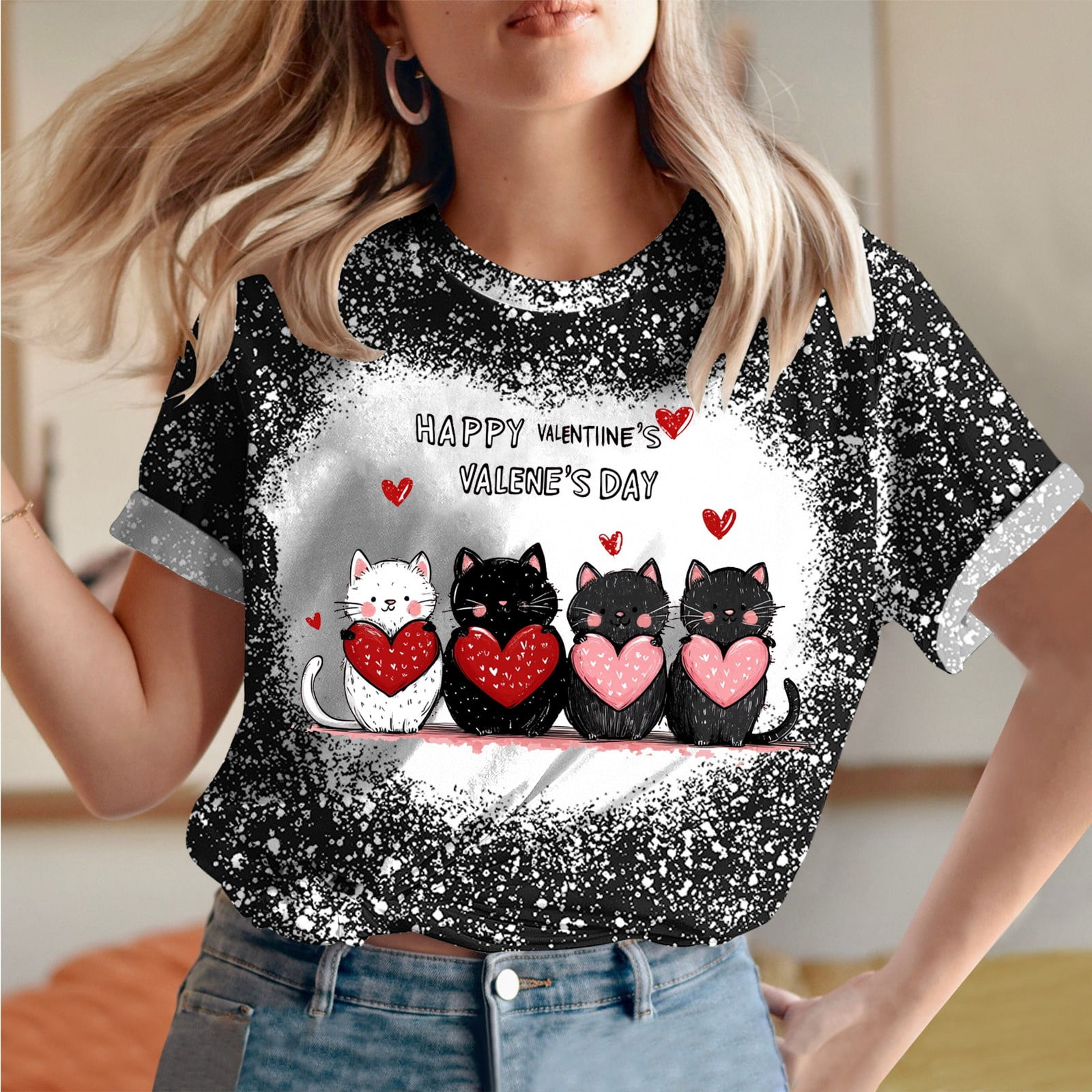 EchfiProm Cute Shirts for Women Valentine's Day Black T-shirt Crew Neck Short Sleeve Summer Tops ...