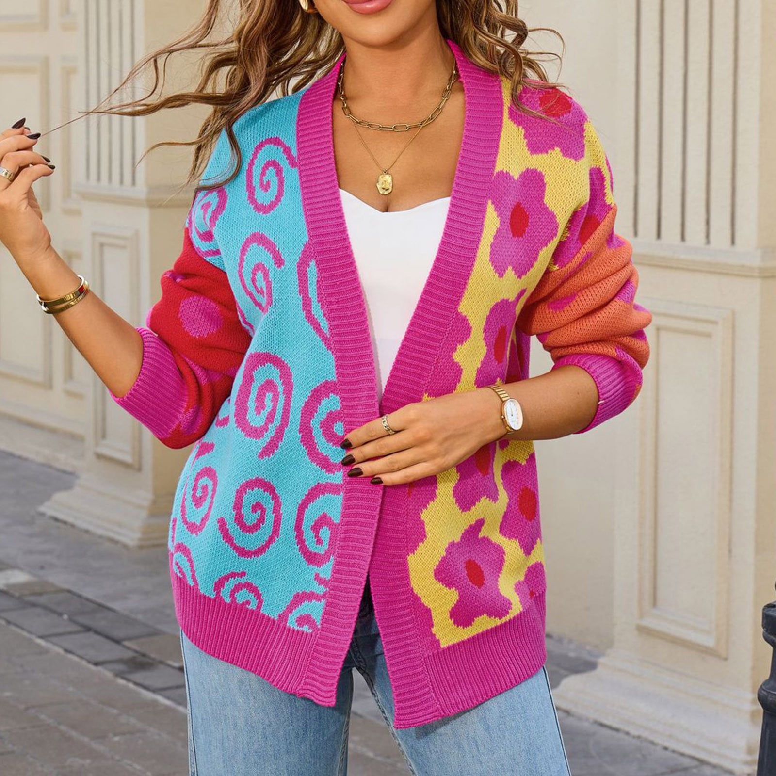 EchfiProm Cute Sweater Women V Neck Pink Cardigan Floral Garter Stitch ...