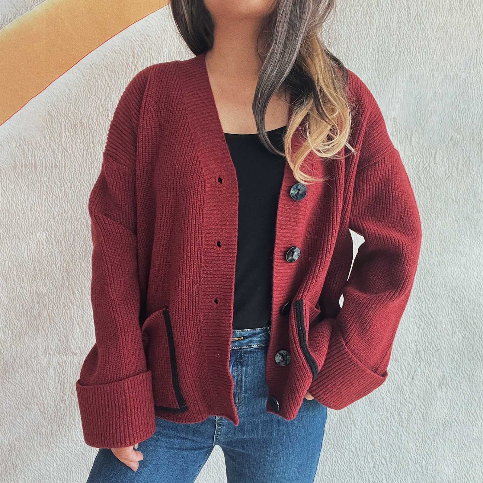 EchfiProm Cute Women Sweaters V Neck Red Cardigan Knit Button down ...