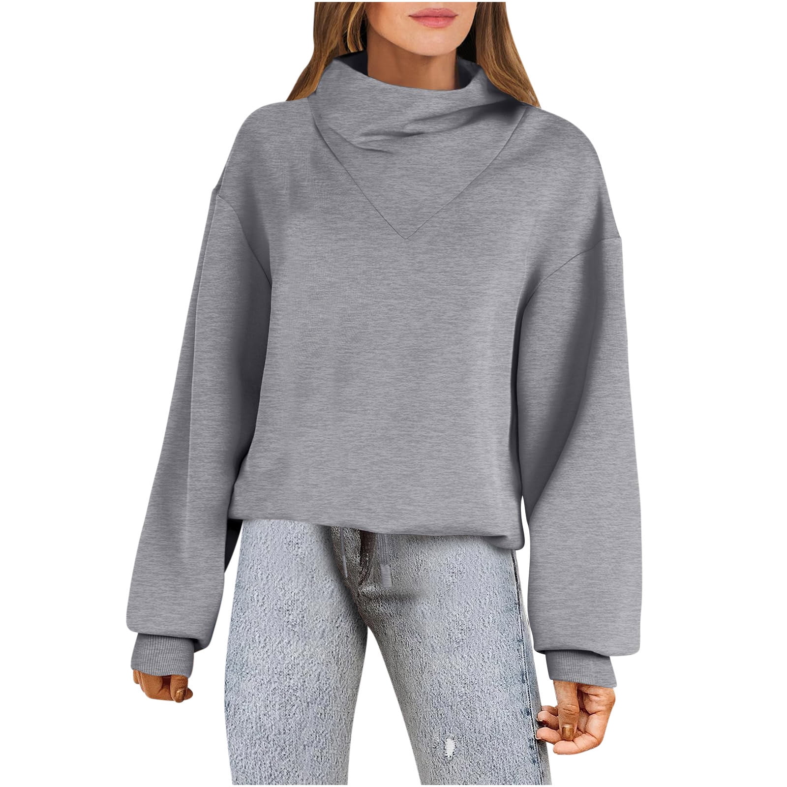 EchfiProm Dark Gray Sweatshirts for Women Oversized Plain Mock Neck ...