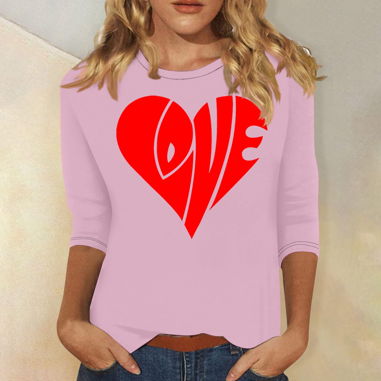 EchfiProm Fashion Tops for Womens Pink Valentines Day 3/4 Sleeve Love Heart Crewneck Casual ...