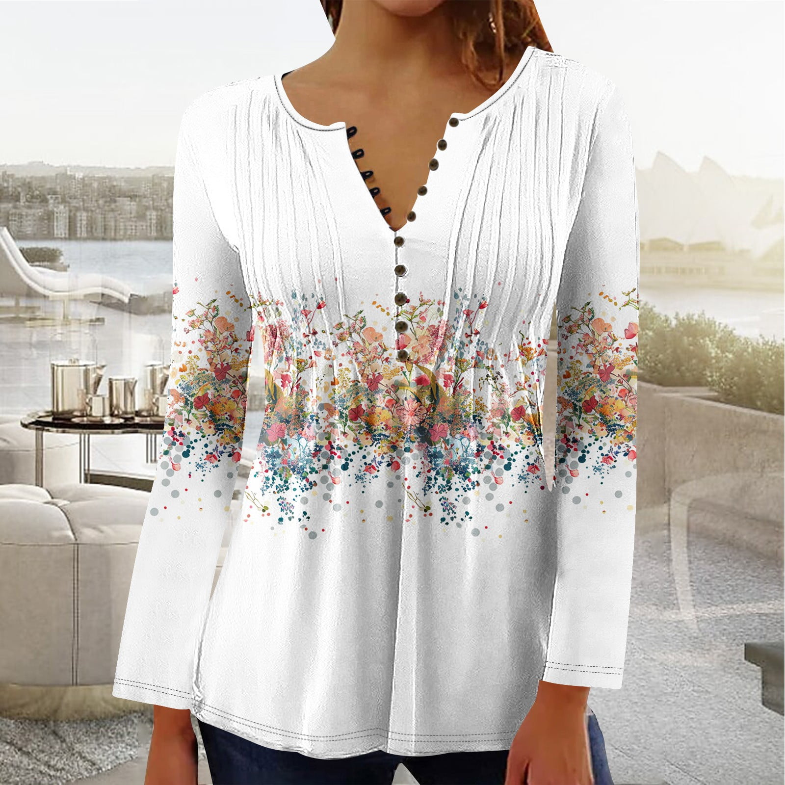 EchfiProm Floral Tops for Women Slit Neck Shirts Long Sleeve Loose Fall ...