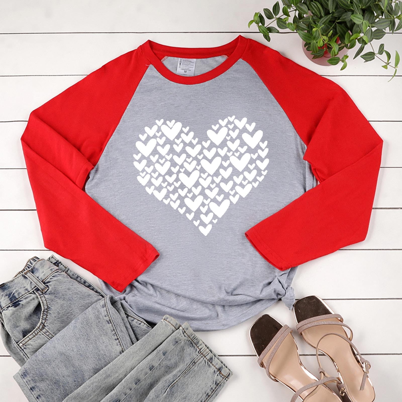 EchfiProm Gray Shirts for Women Basic Valentines Day Long Sleeve Valentine Love Heart Crewneck ...