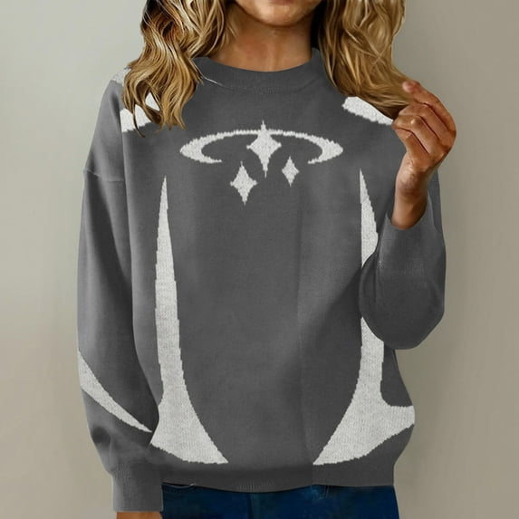 EchfiProm Gray Sweaters for Women Plus Size Pullover Winter Crewneck ...