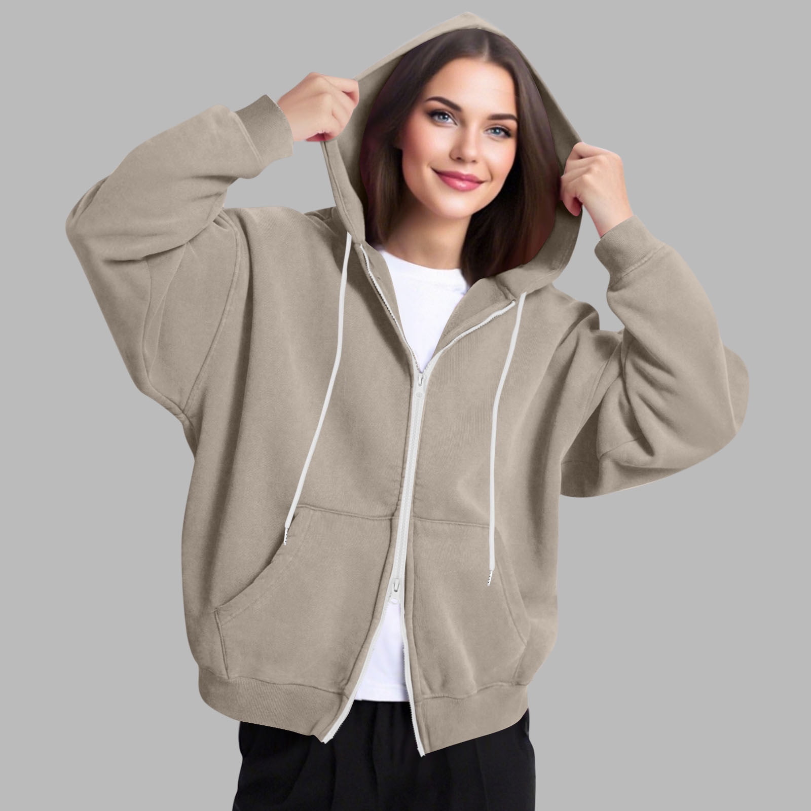 EchfiProm Gray Sweatshirts for Women Hooded Zip-Up Two-Way Zipper Comfy ...
