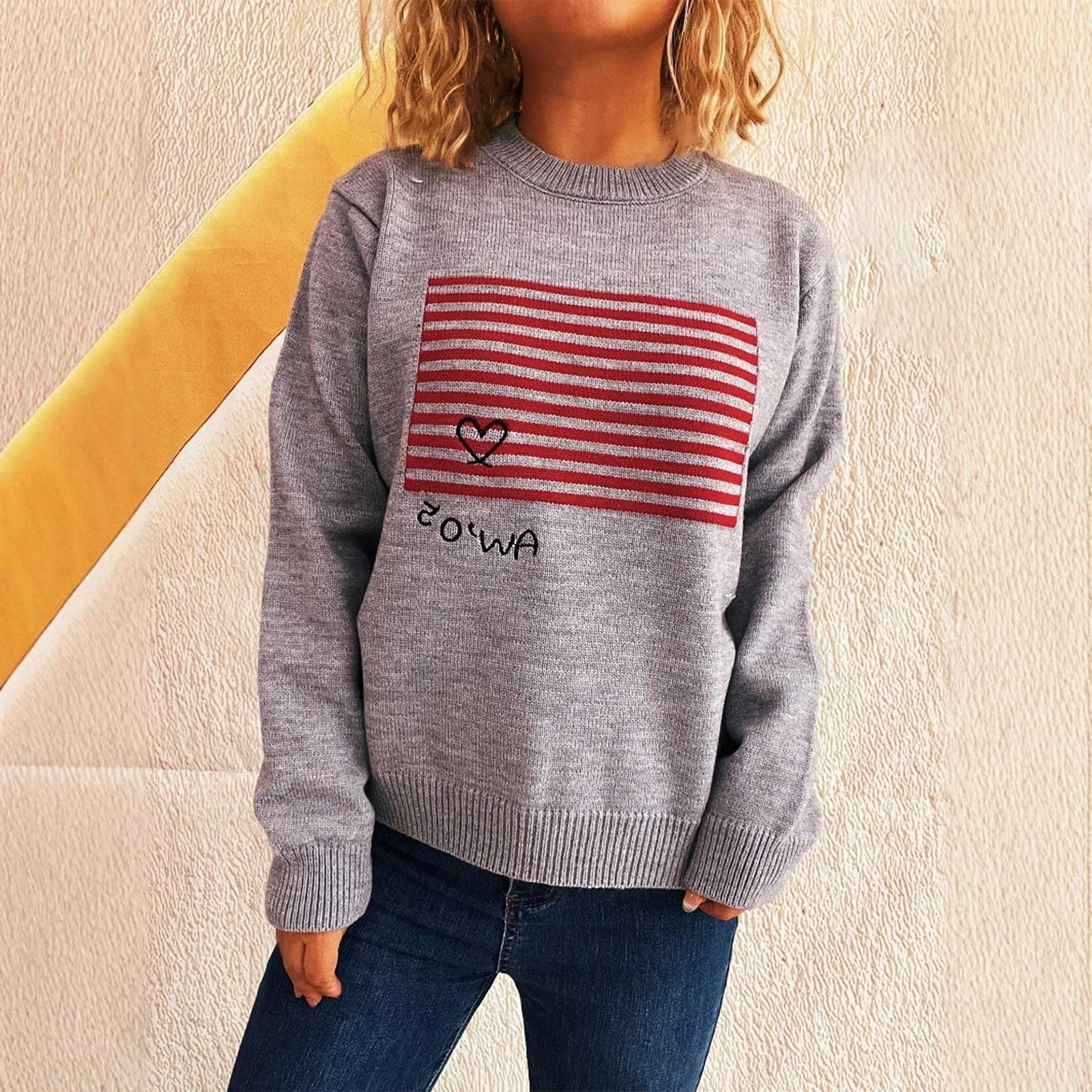 EchfiProm Gray Women Sweater Pullover Cute Striped Long Sleeve Office ...
