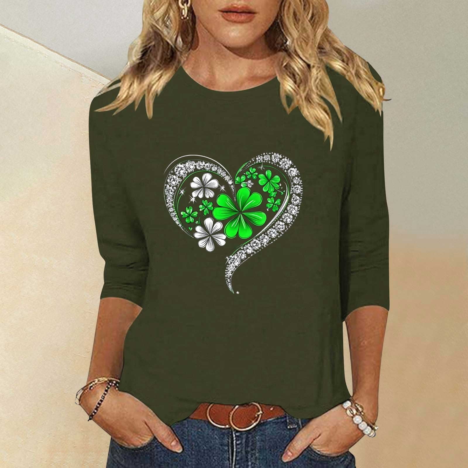 Echfiprom Green Blouses For Women St Patricks Day 3 4 Sleeve Crewneck