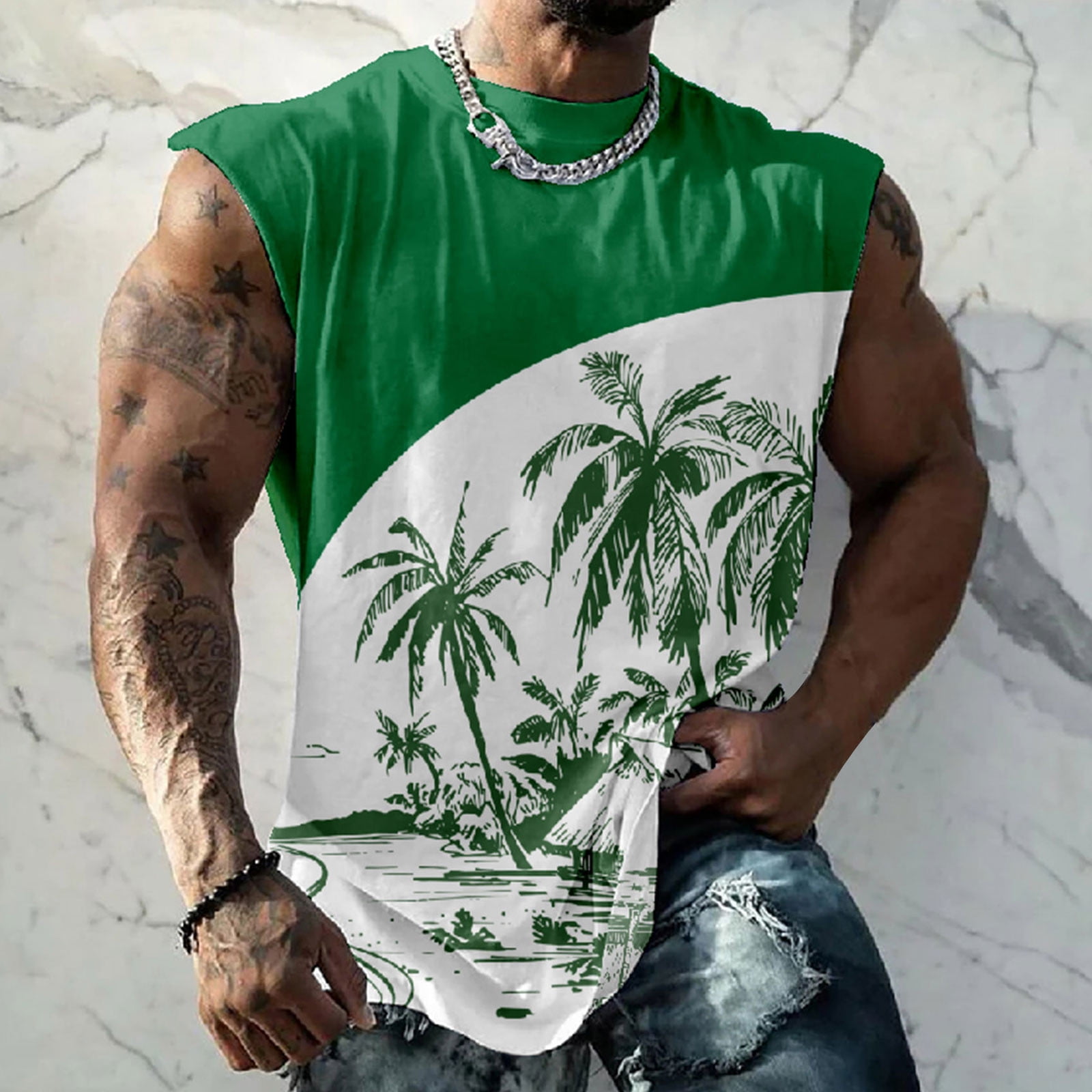 EchfiProm Green Men Tank Tops Sleeveless Tank Tops Round Neck Tropical ...