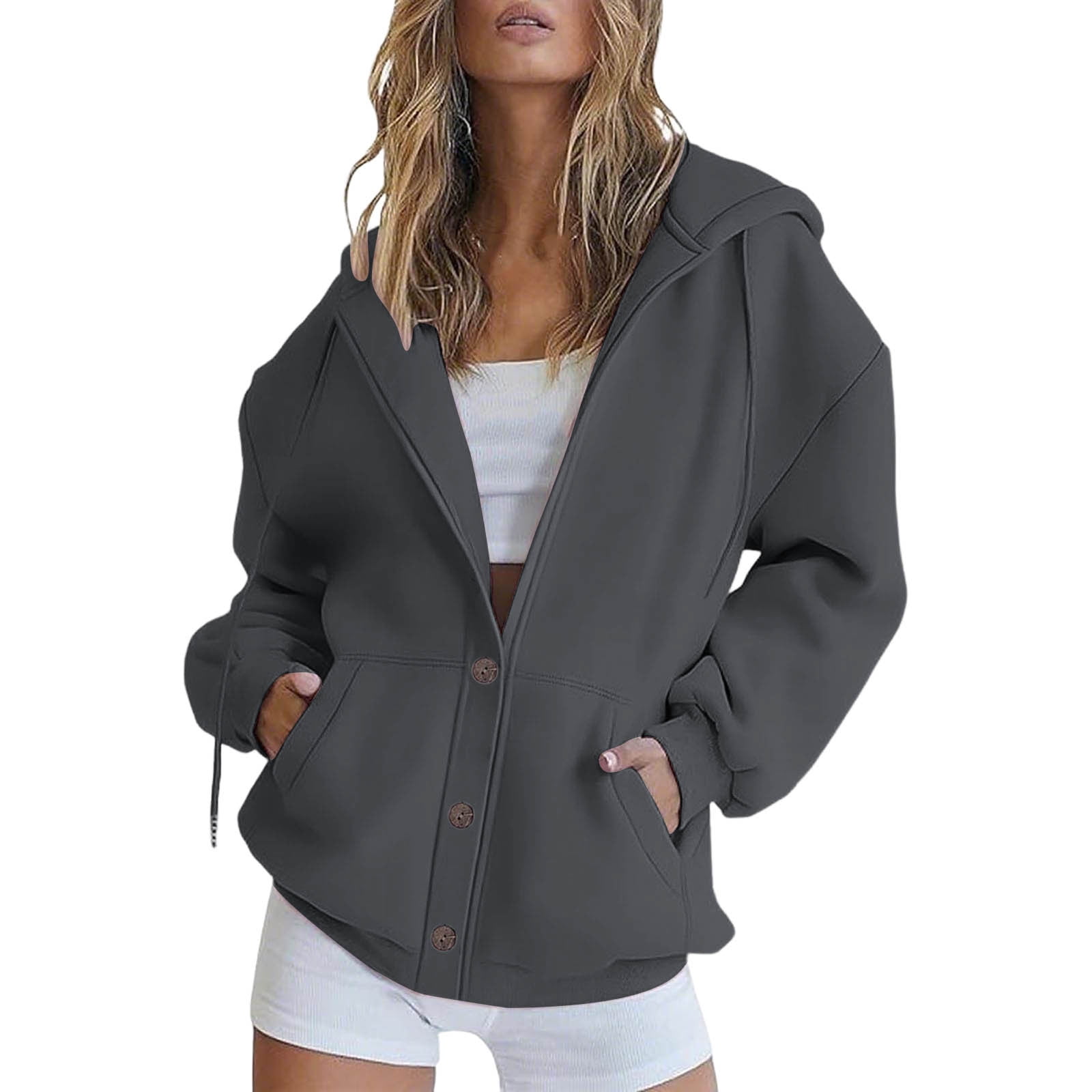 EchfiProm Hooded Women Sweatshirt Cocoon Plain Dark Gray Loose Casual ...