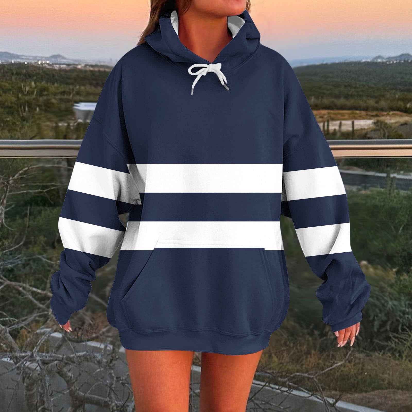 EchfiProm Hoodie Long Sweatshirts for Women Blue Pullover Colorblock ...