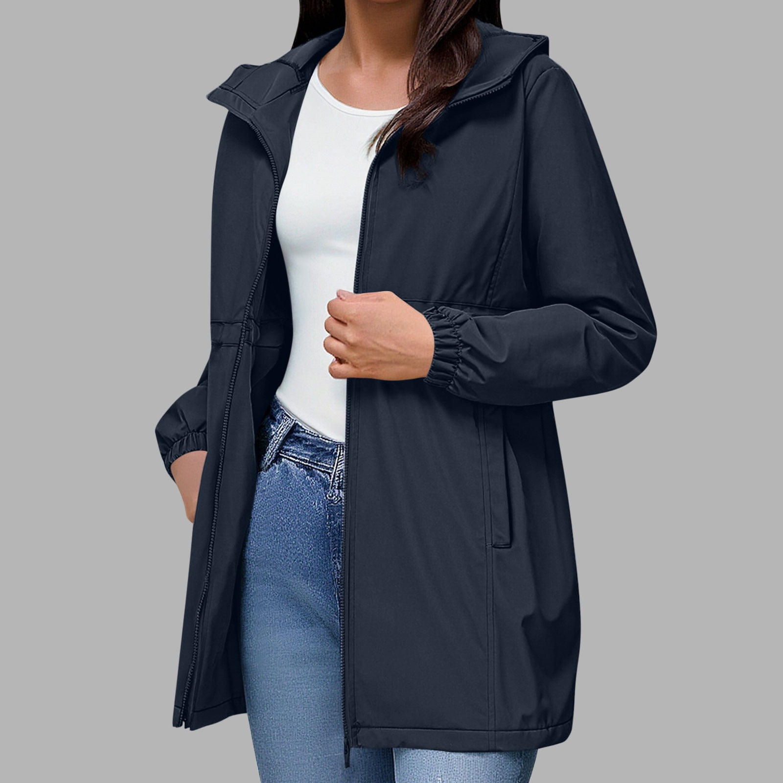 EchfiProm Light Rain Jacket Women Navy Packable Zip-up Cycling ...