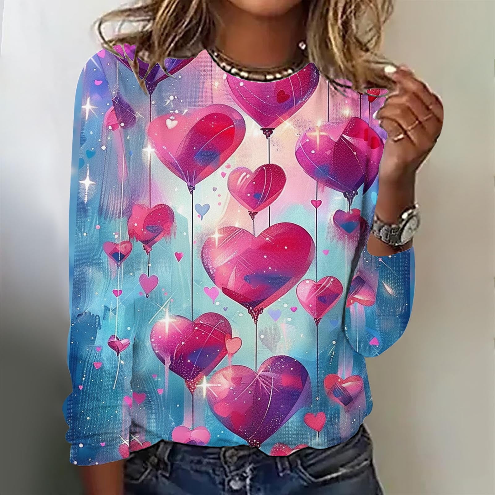EchfiProm Plus Size Tops for Womens Long Sleeve Valentines Day Summer Love Heart Crewneck ...