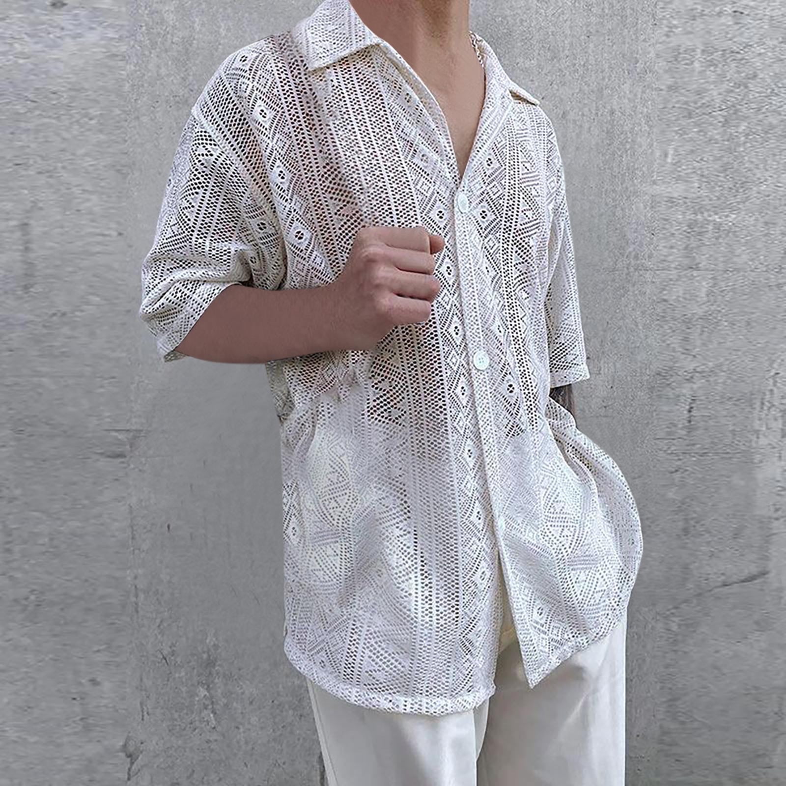 EchfiProm Men Shirts Casual Cotton Short Sleeve White Solid Color V ...