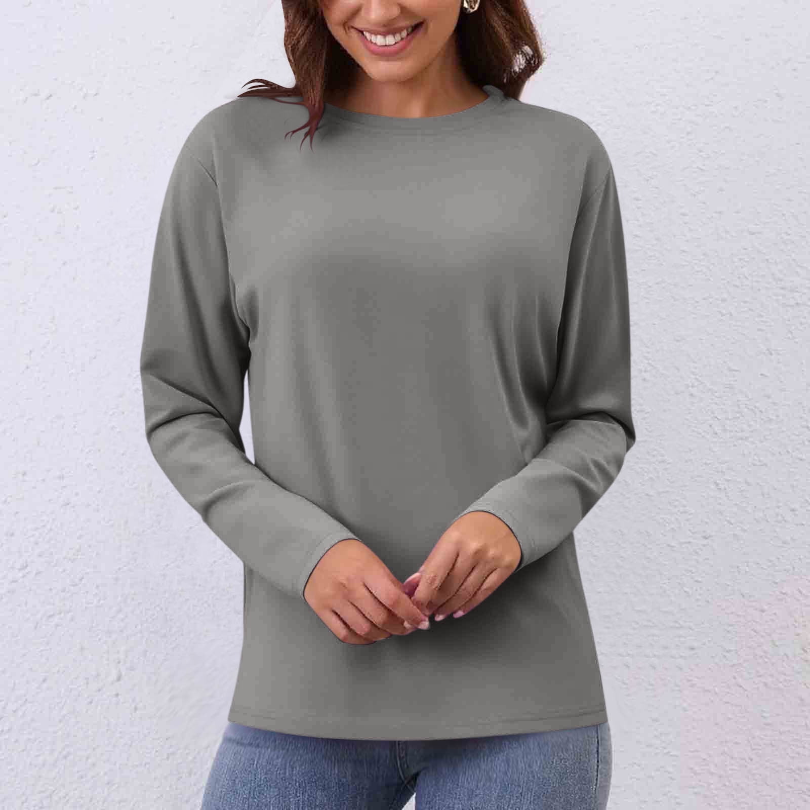 EchfiProm Plain Tops for Women Gray Pullover Basic Long Sleeve Loose ...