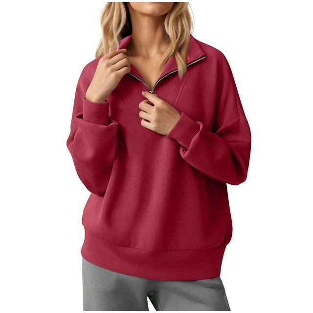 Echfiprom Plain Womens Sweatshirt Red Half Zip V Neck Oversized Long