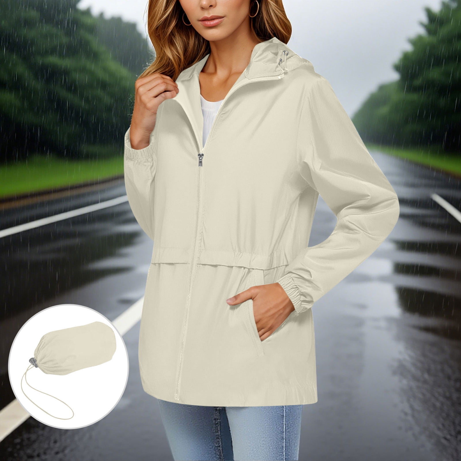 EchfiProm Rain Jacket Women Waterproof Zip-up Beige Lightweight Outdoor ...