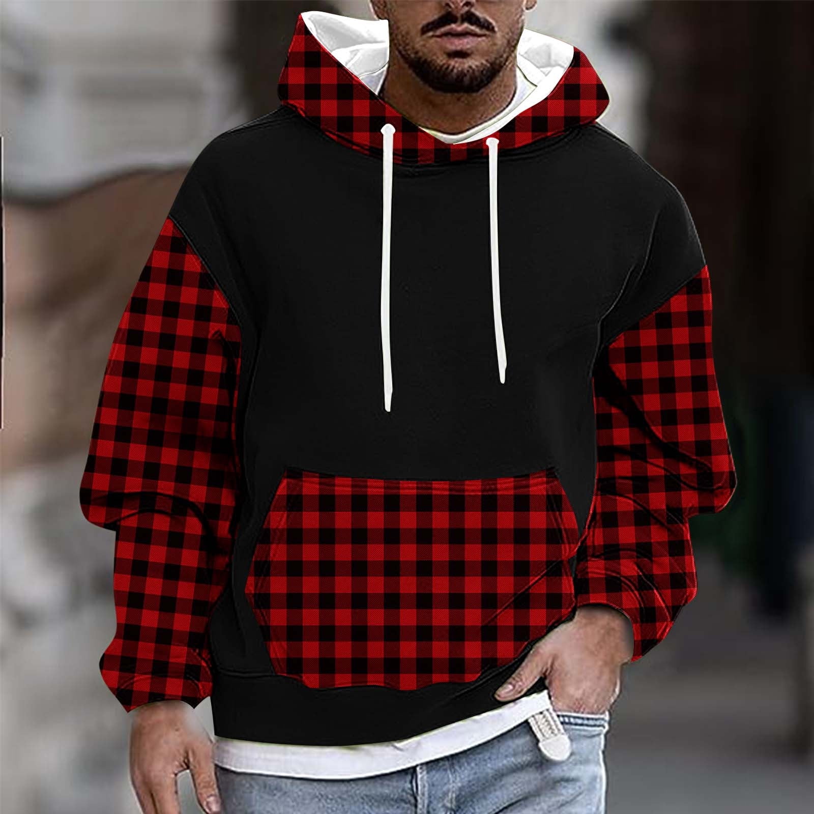EchfiProm Red Sweatshirts for Men Long Sleeve Hoodies Fleece Plaid ...