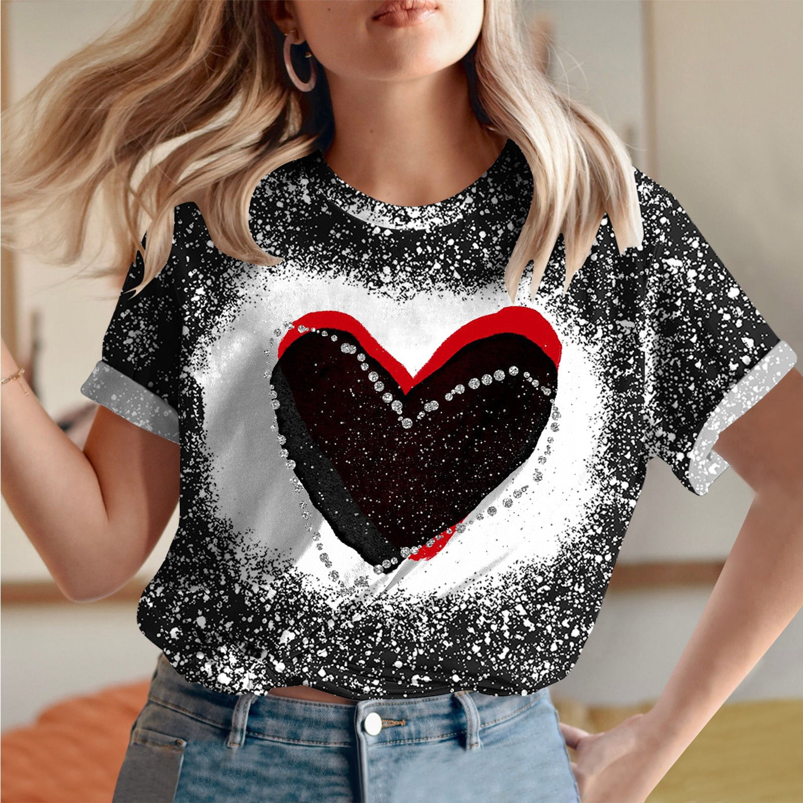 EchfiProm Shirts for Women Cute Black Valentine's Day T-shirt Holiday Short Sleeve Crew Neck ...