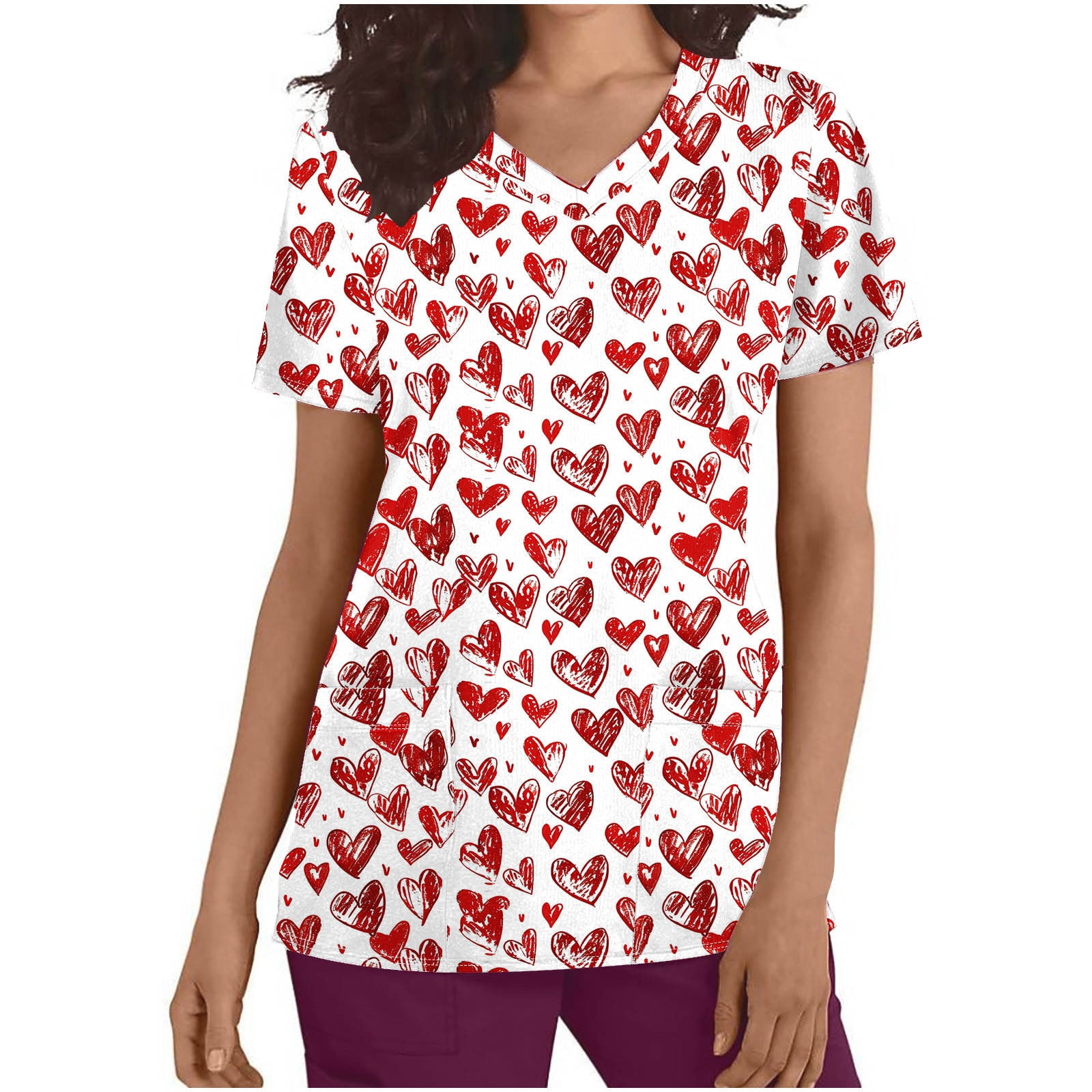 EchfiProm Shirts for Women Red Graphic Valentine's Day T-shirt Short Sleeve V-Neck Floral Tops M ...
