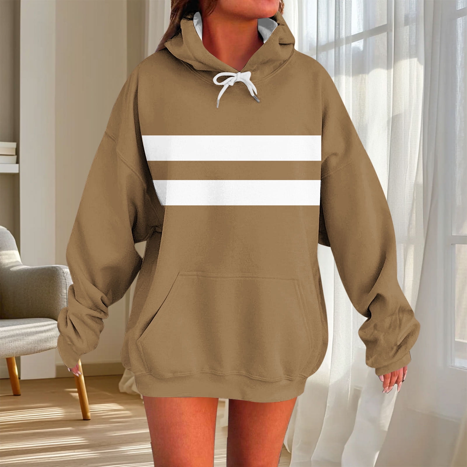 EchfiProm Sweatshirt for Women Hooded Pullover Brown Color-block Solf ...