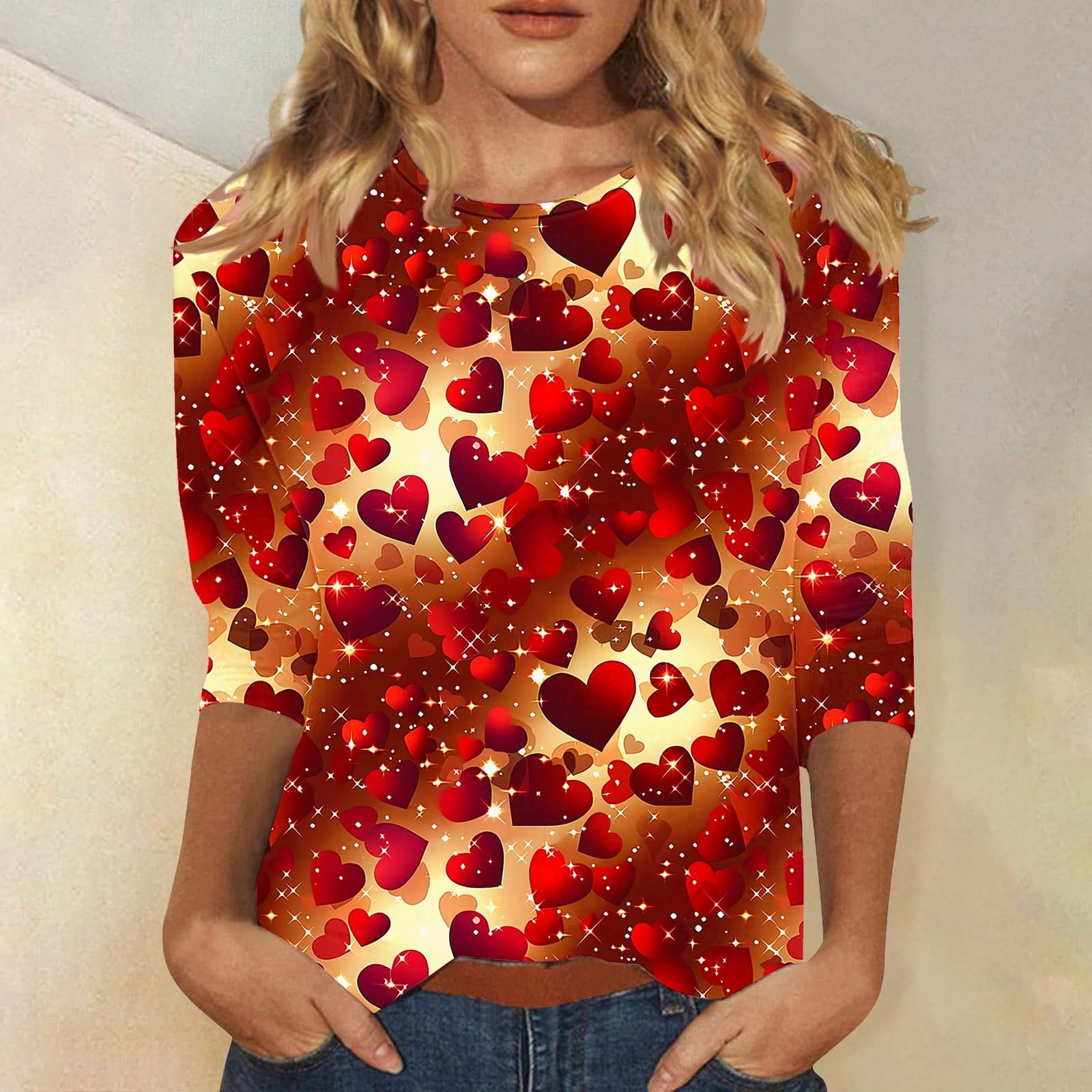 EchfiProm Tops for Women 3/4 Sleeve Floral Valentine Tee 2024 Heart Casual Crewneck Tshirt XL ...