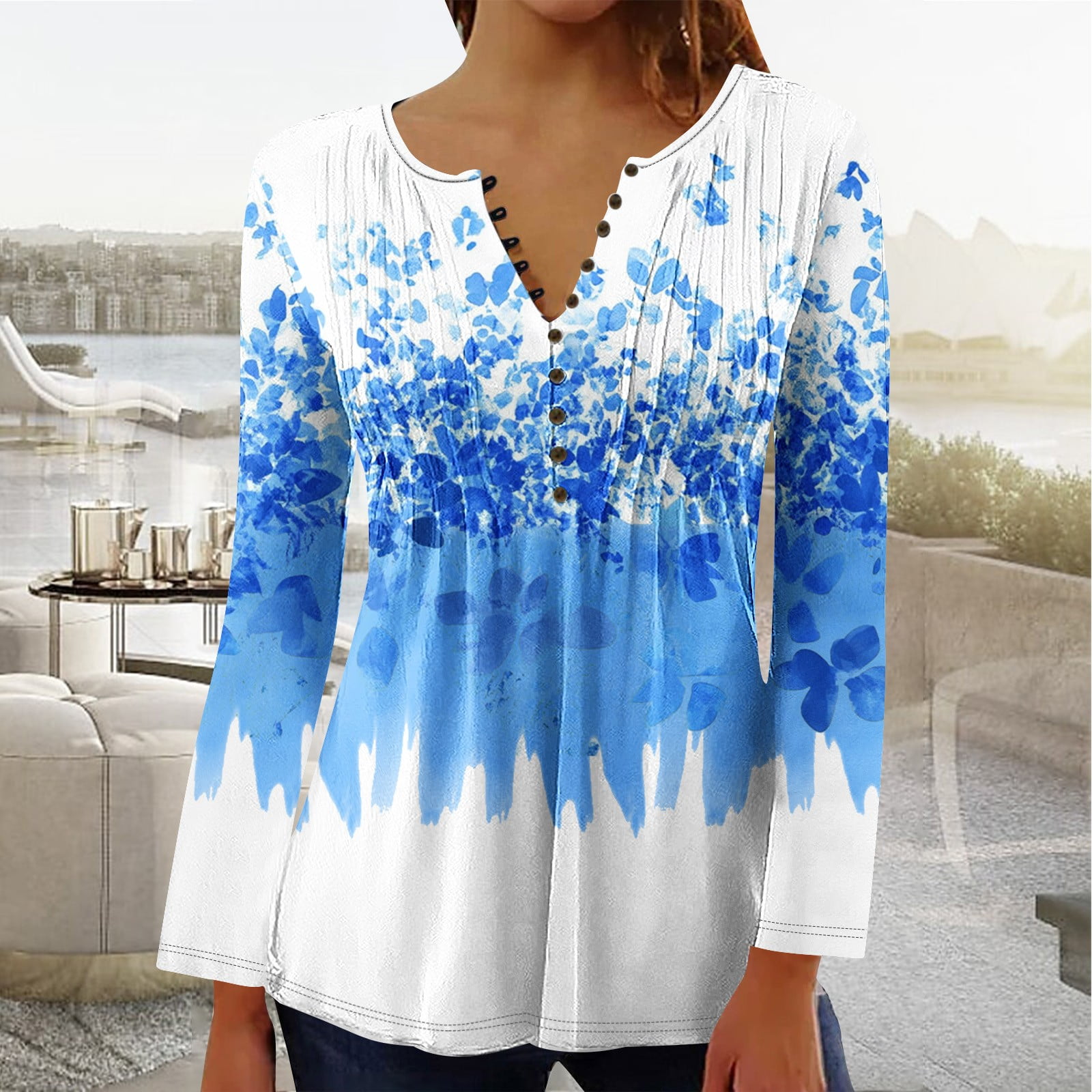 EchfiProm Tops for Women Floral Slit Neck Shirts Casual Blouse Pleated ...