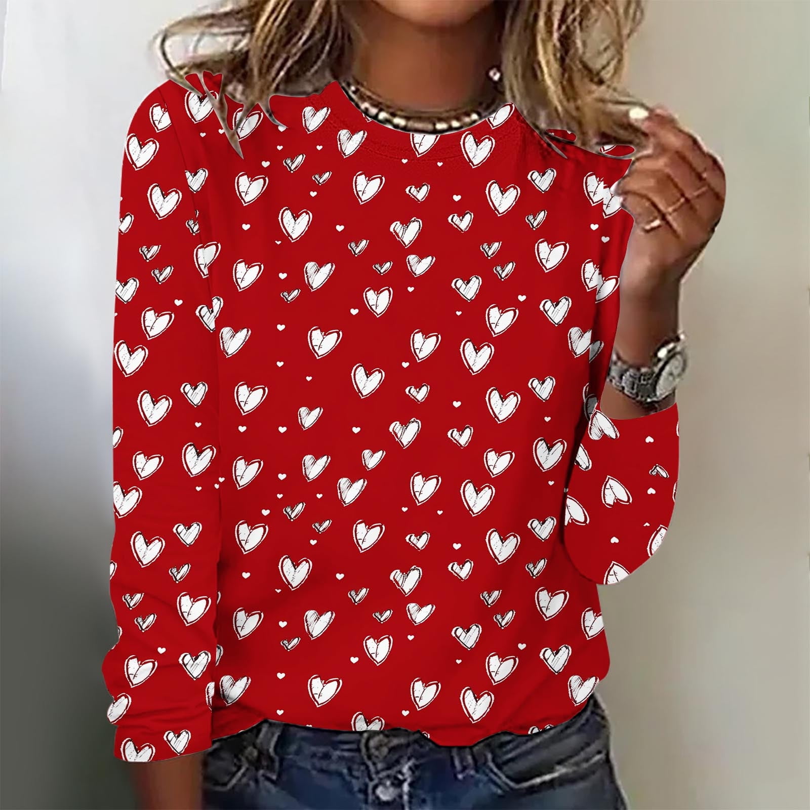 EchfiProm Tops for Womens Long Sleeve Basic Valentines Day Love Heart Valentine Crewneck Blouse ...