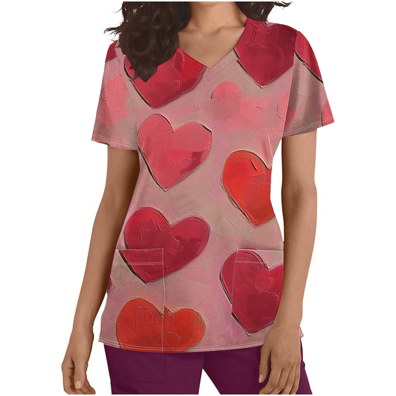 EchfiProm Tops for Womens Summer Valentine's Day Cute T-shirt Holiday Short Sleeve V-Neck Shirts ...