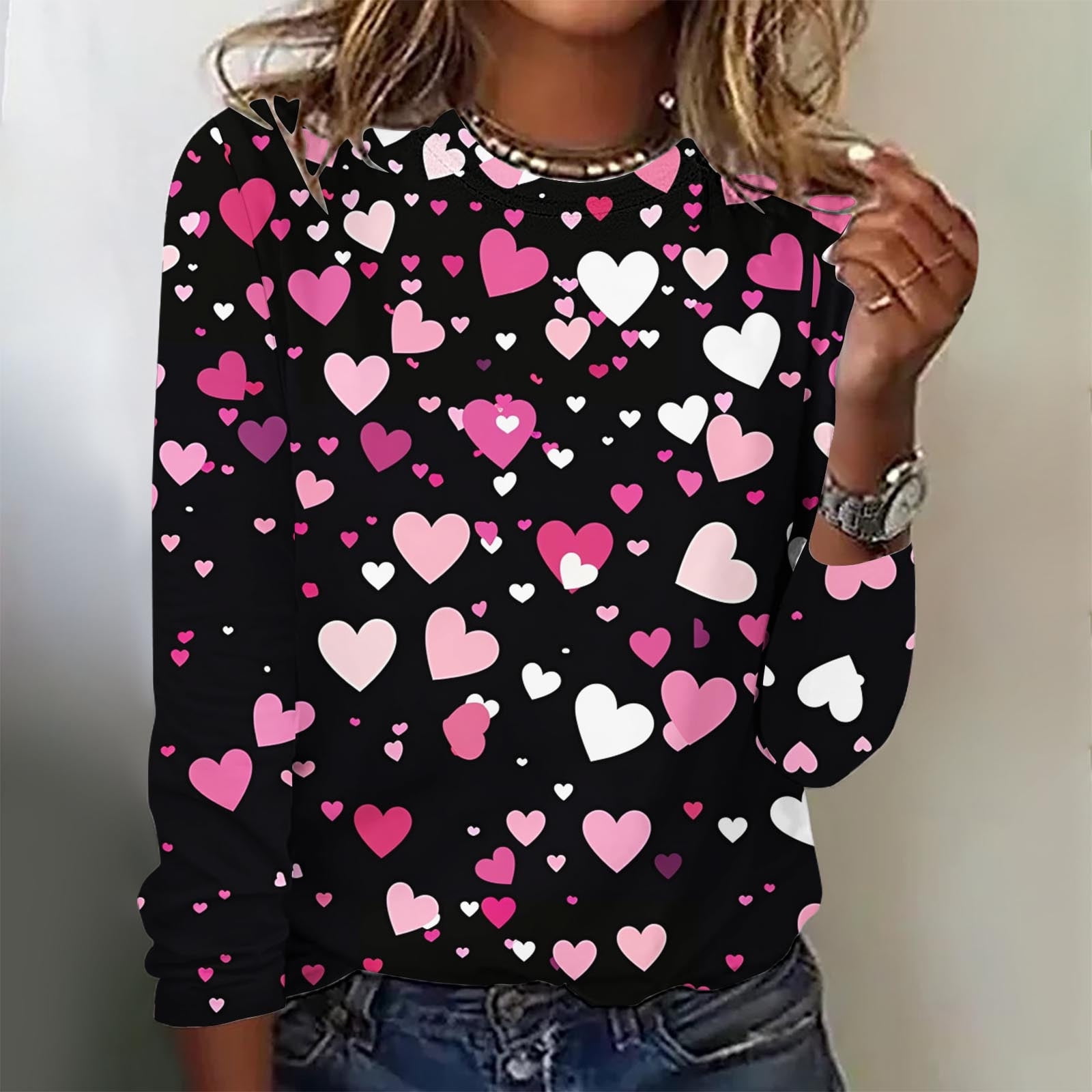 EchfiProm Tops for Womens Trendy Long Sleeve Valentines Day Plus Size Crewneck Love Heart Basic ...