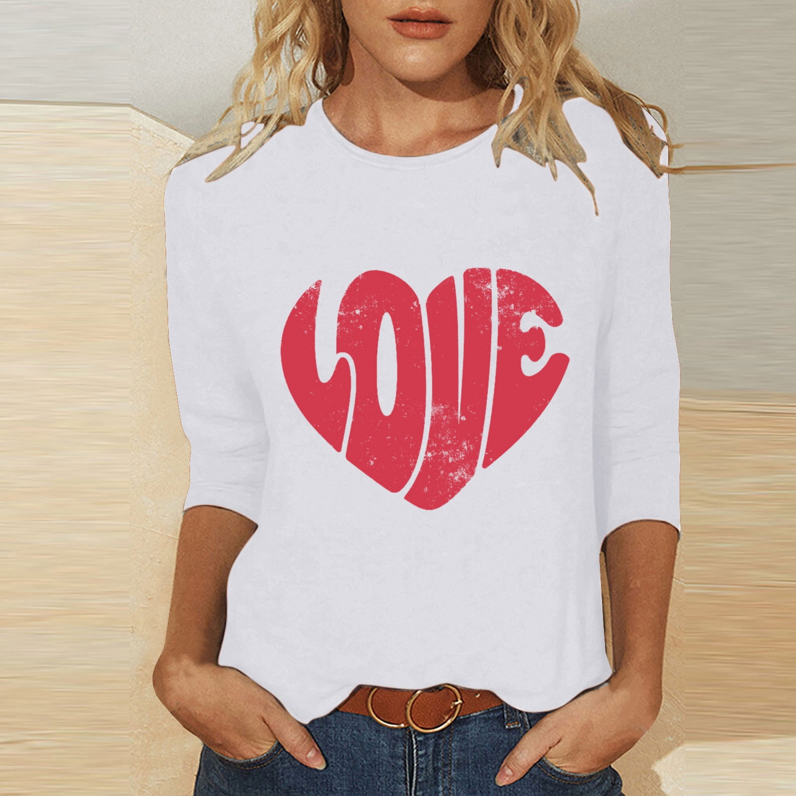EchfiProm Valentine Tops for Women LOVE 3/4 Sleeve Plus Size White Tshirt Casual Basic Crewneck ...
